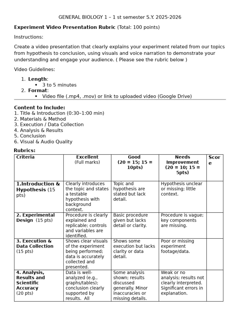 Biology Experiment Video Rubric | PDF | Experiment | Methodology