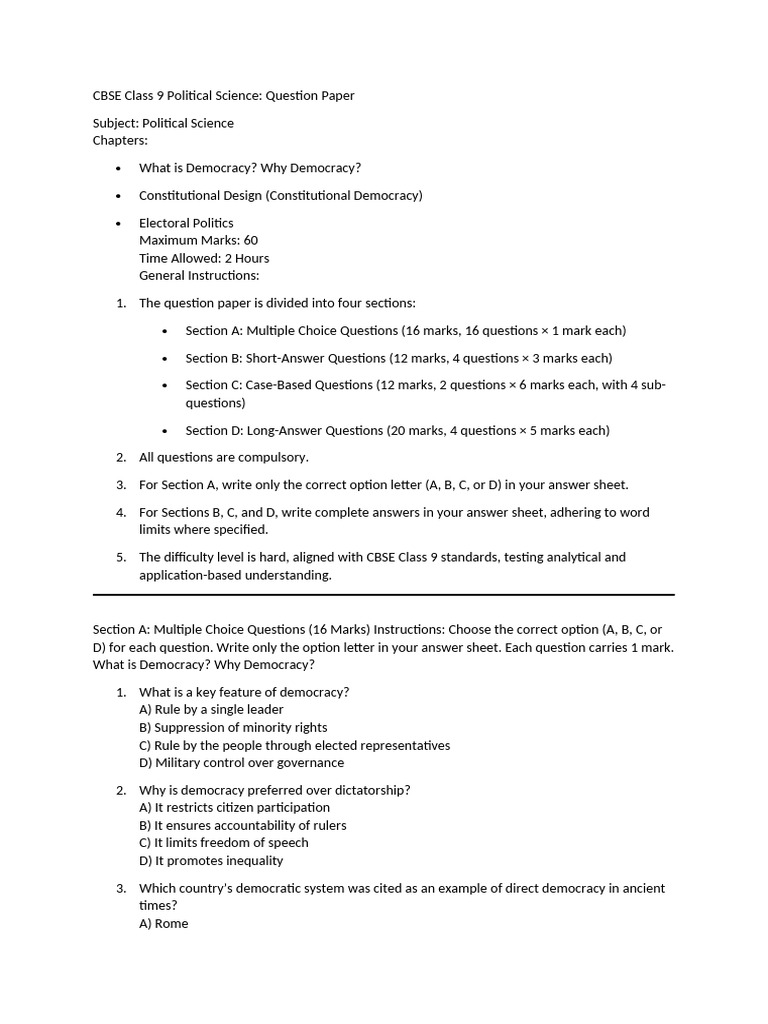 CBSE Class 9 Political Science Exam Guide | PDF | Elections | Democracy