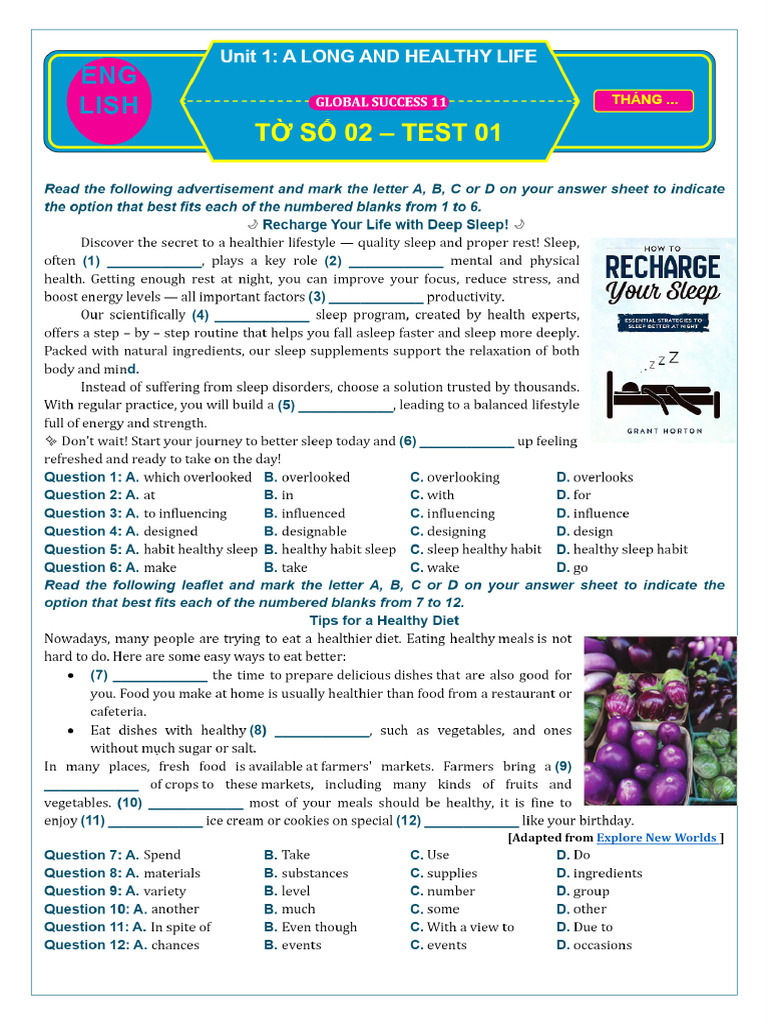 Tờ Số 02 Test 01 Unit 1 a Long and Healthy Life. | PDF