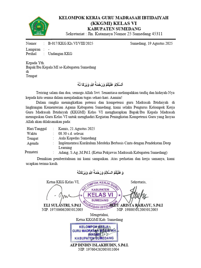 Surat Undangan Kkg Kls 6 - Agustus 2025 | PDF