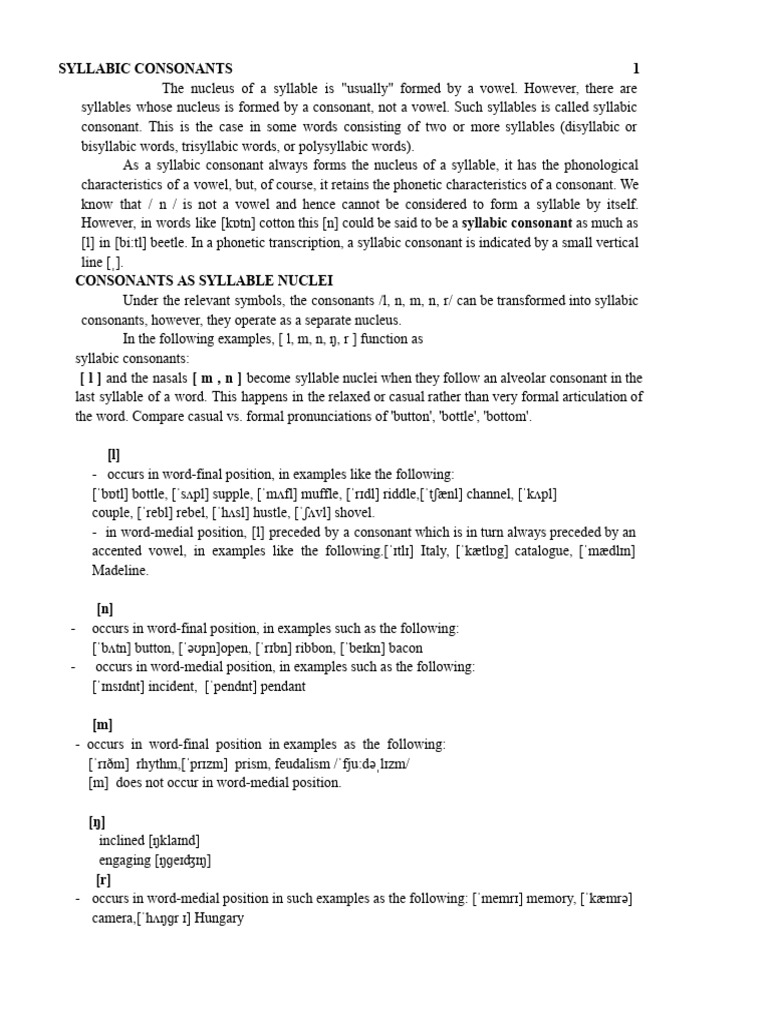 Syllabic Consonants and Transcription Guide | PDF | Syllable | Consonant