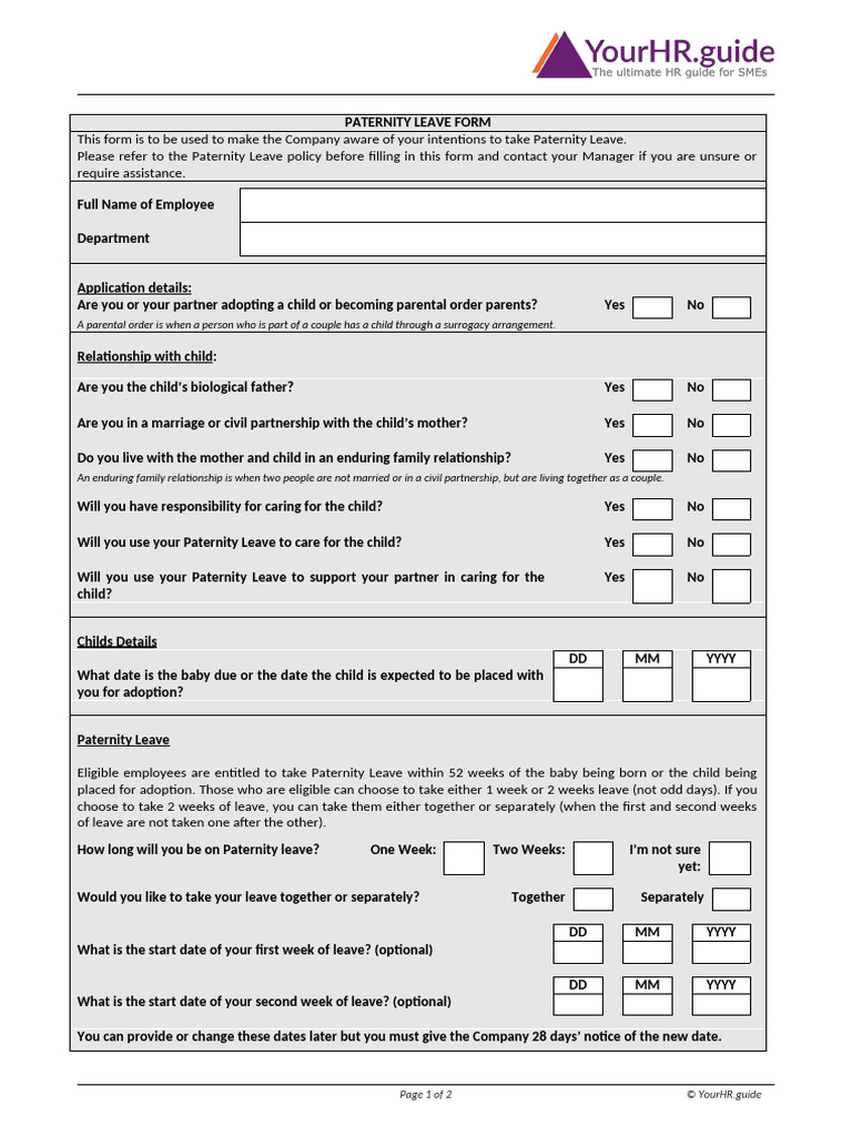 Paternity Leave Application Form | PDF | Parental Leave | Living ...