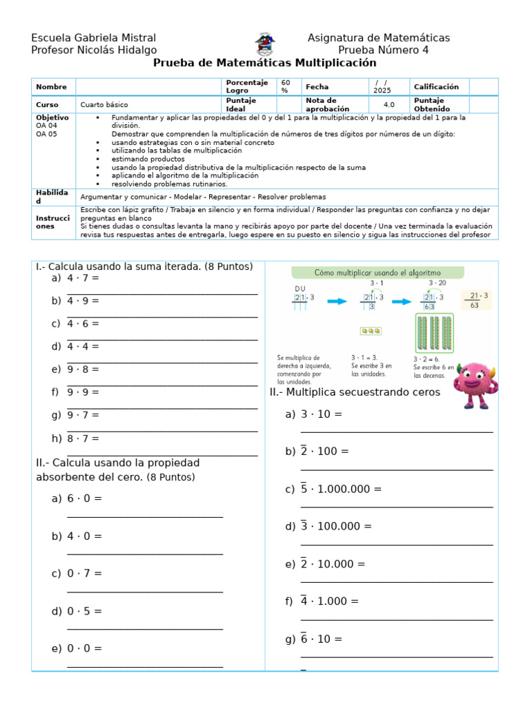 Prueba de Matemáticas: Multiplicación 4° Básico | PDF | Multiplicación ...