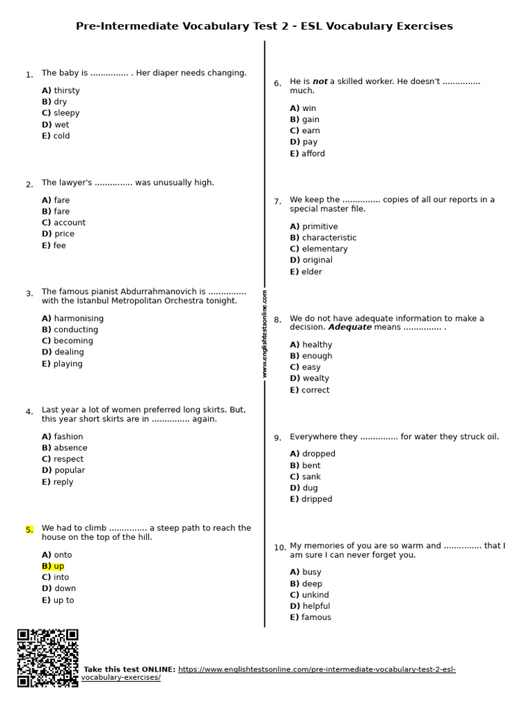 Pre Intermediate Vocabulary Test 2 - ESL Vocabulary Exercises | PDF