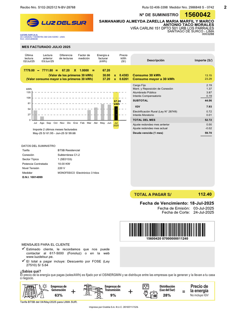 Luz 501 Julio | PDF | Energia electrica | Electricidad