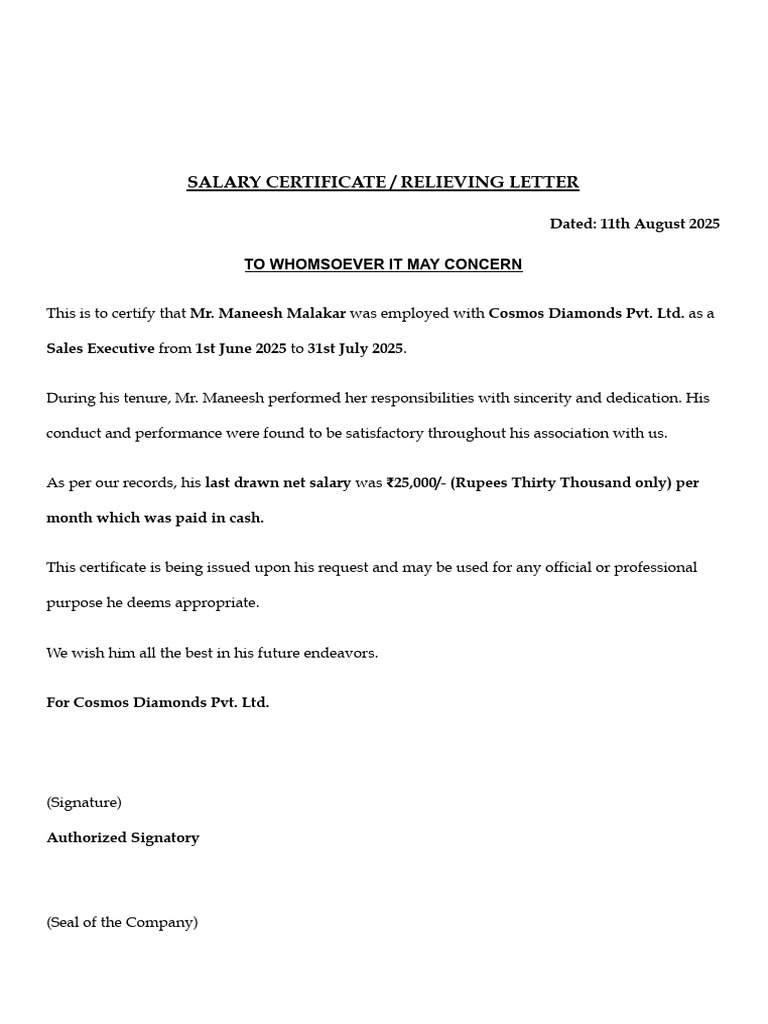Salary Certificate _ Relieving Letter - Maneesh | PDF