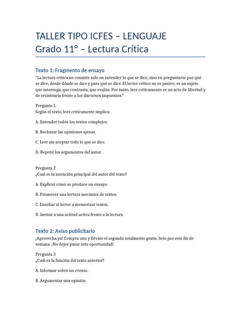Taller Tipo ICFES Grado 11 Espanol | PDF