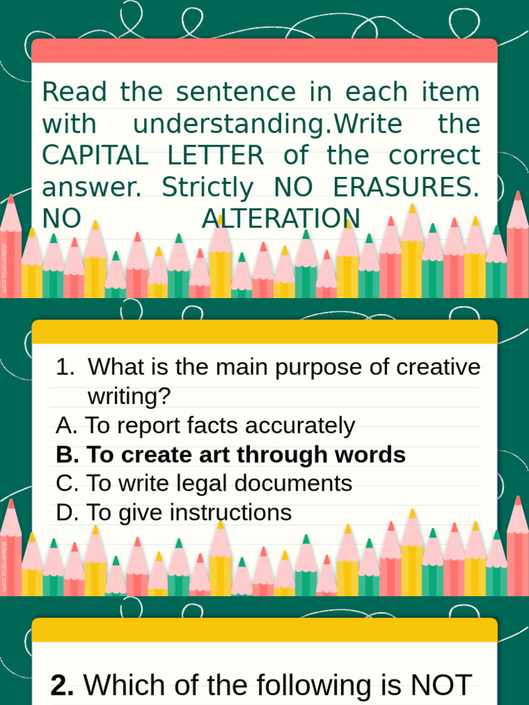 Creative Writing Quiz Questions | PDF | Poetry | Literary Theory