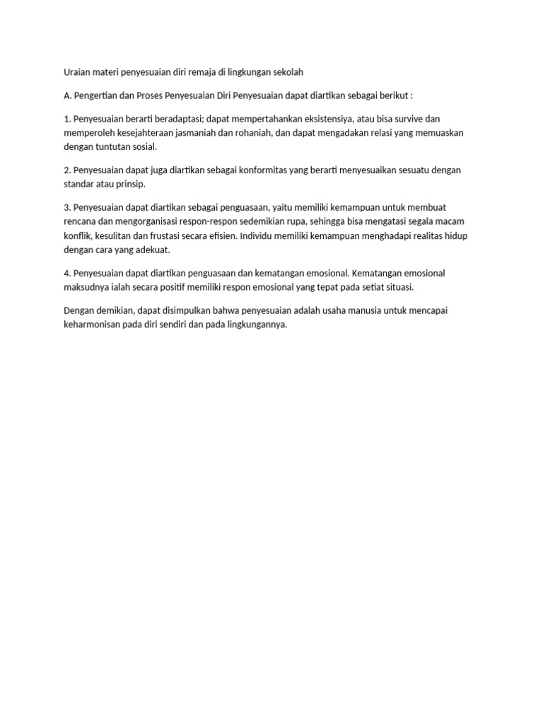 Uraian Materi Penyesuaian Diri Remaja Di Lingkungan Sekolah | PDF