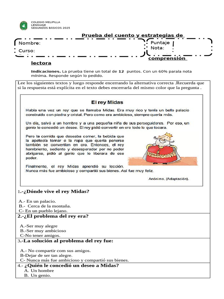 Prueba Del Cuento y Estrategias de Comprensión Lectora. | PDF
