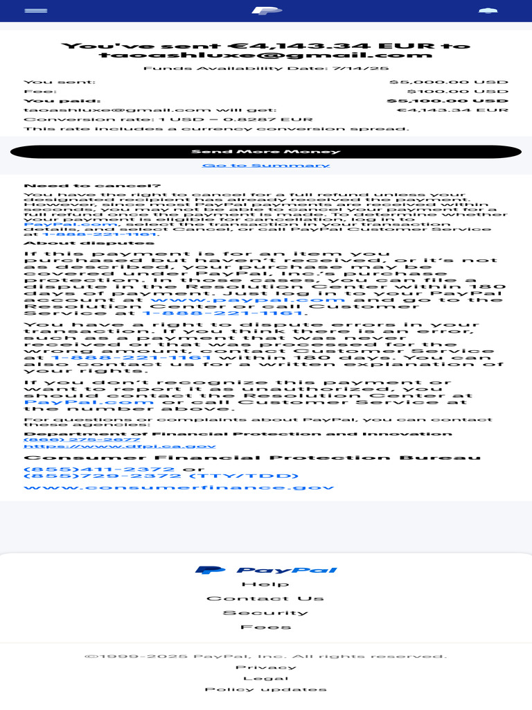 PayPal Transaction Summary and Support | PDF