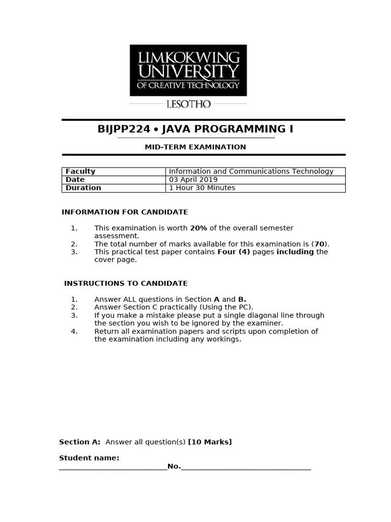 Java Programming I BIJP 224 Midterm Exam 2019S2 | PDF | Computer Programming | Software Engineering