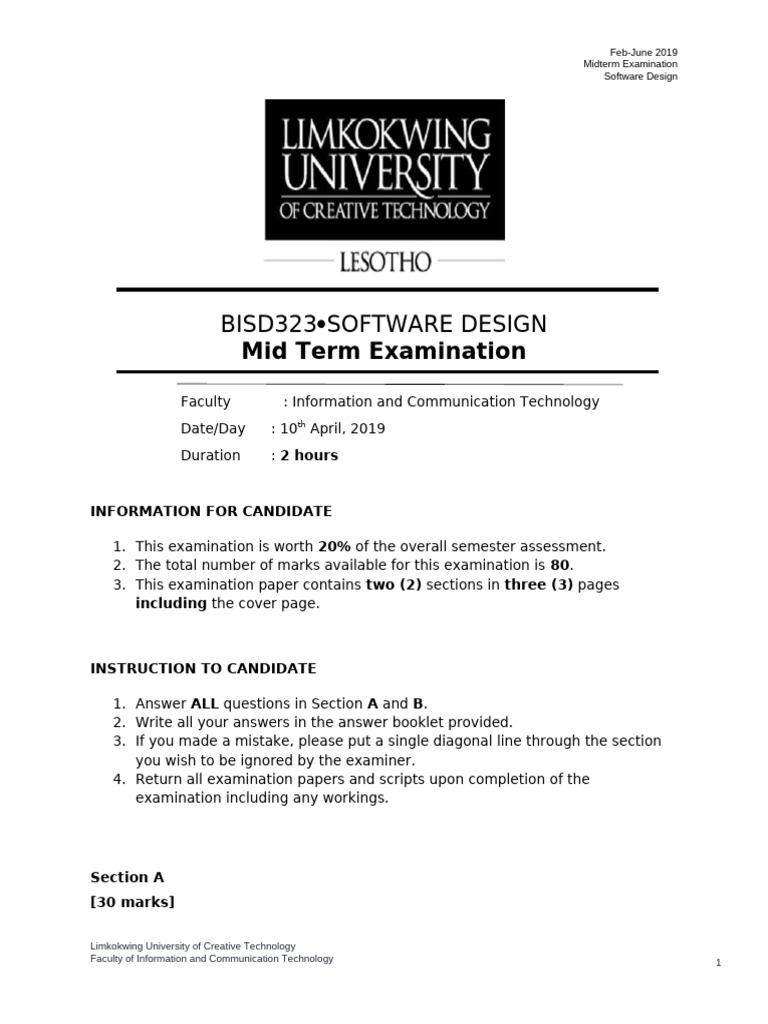 Software Design Midterm Exam 2019 | PDF | Software Development | Computing