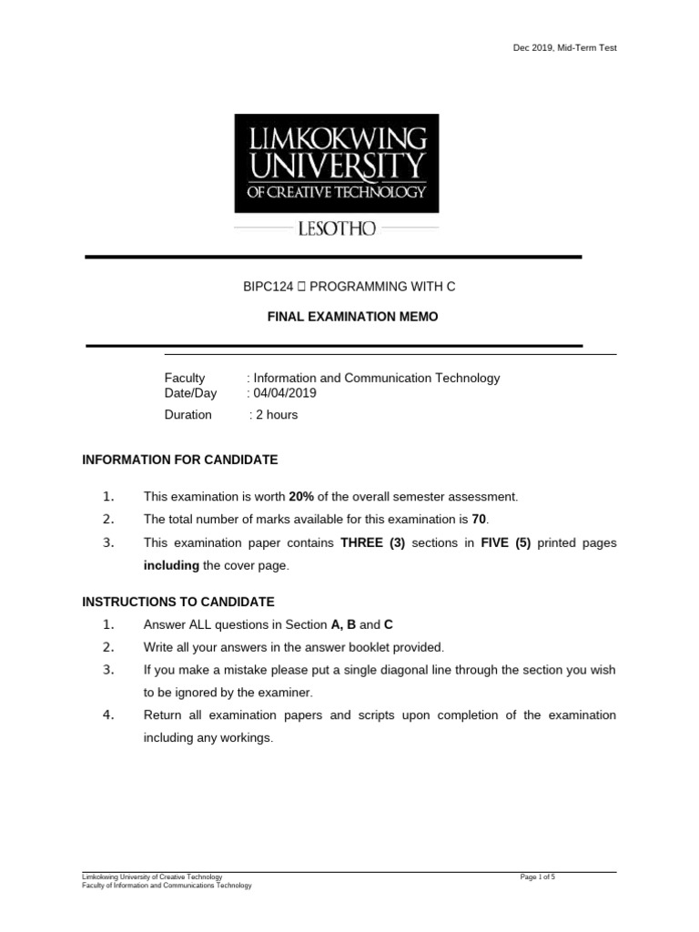 Programming With C (BICP124) Mid Term | PDF | Parameter (Computer Programming) | Computer Program