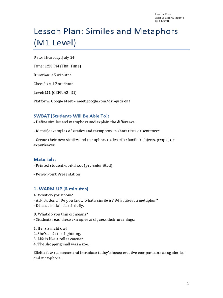 Similes and Metaphors Lesson Plan FINAL | PDF | Metaphor | Grammar