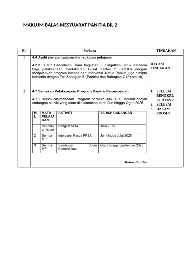 Maklum Balas Mesyuarat Panitia Bil 3 | PDF