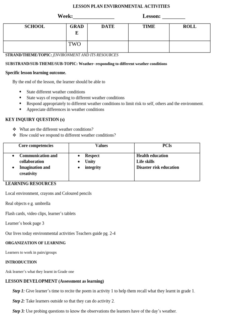 Weather Response Lesson Plan for Grade 2 | PDF | Learning | Lesson Plan