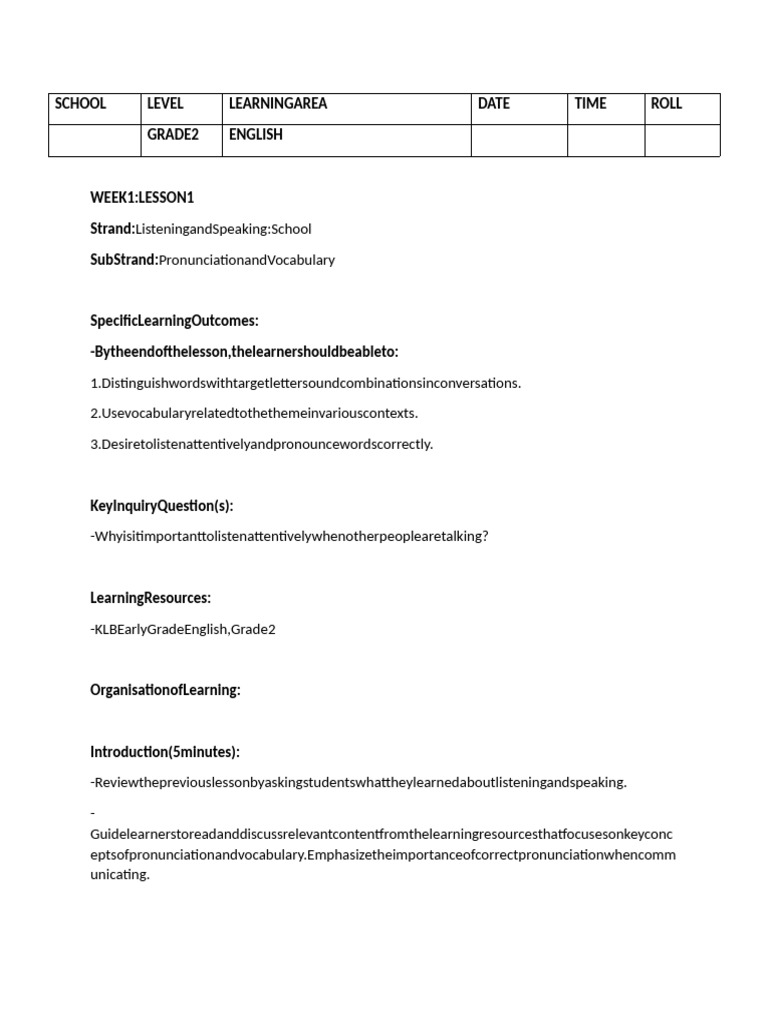 Grade 2 Rationalized English Lesson Plans Term 1 | PDF