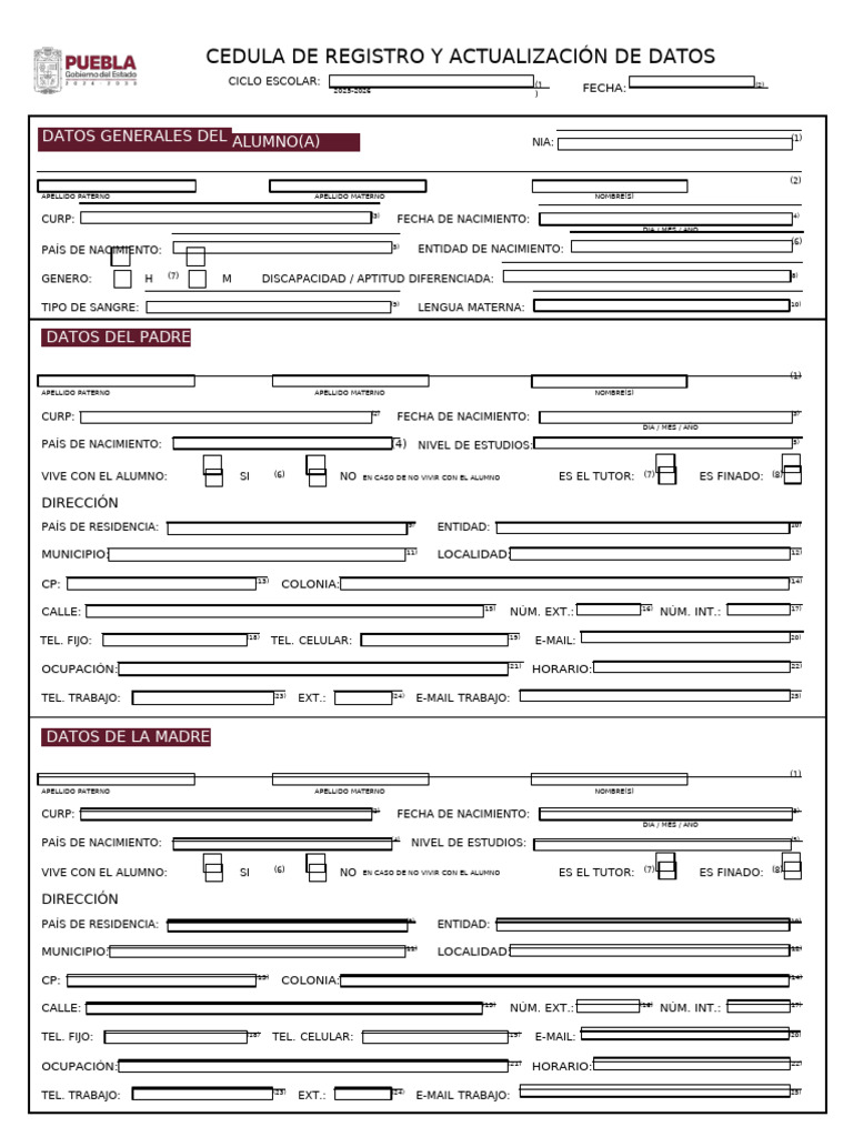 Cedula de Registro y Actualizacion de Datos Del Alumno Ciclo Escolar 2025-2026 | PDF