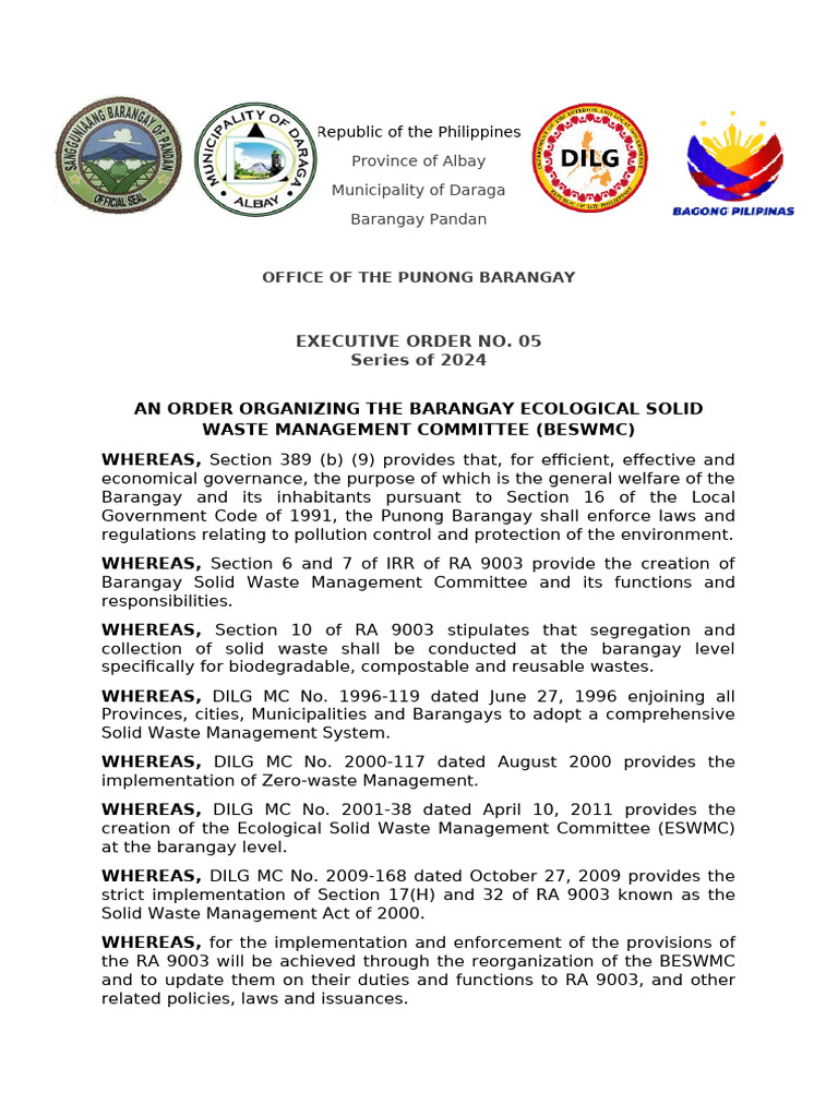 Barangay Solid Waste Management Order | PDF | Waste Management ...