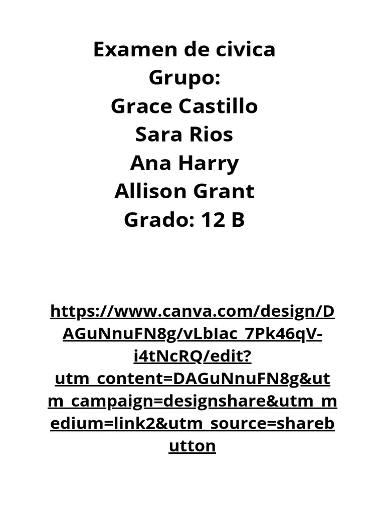 Examen de Civica Grupo Grace Castillo Sara Rios Ana Harry Allison Grant Grado 12 B.pdf | PDF