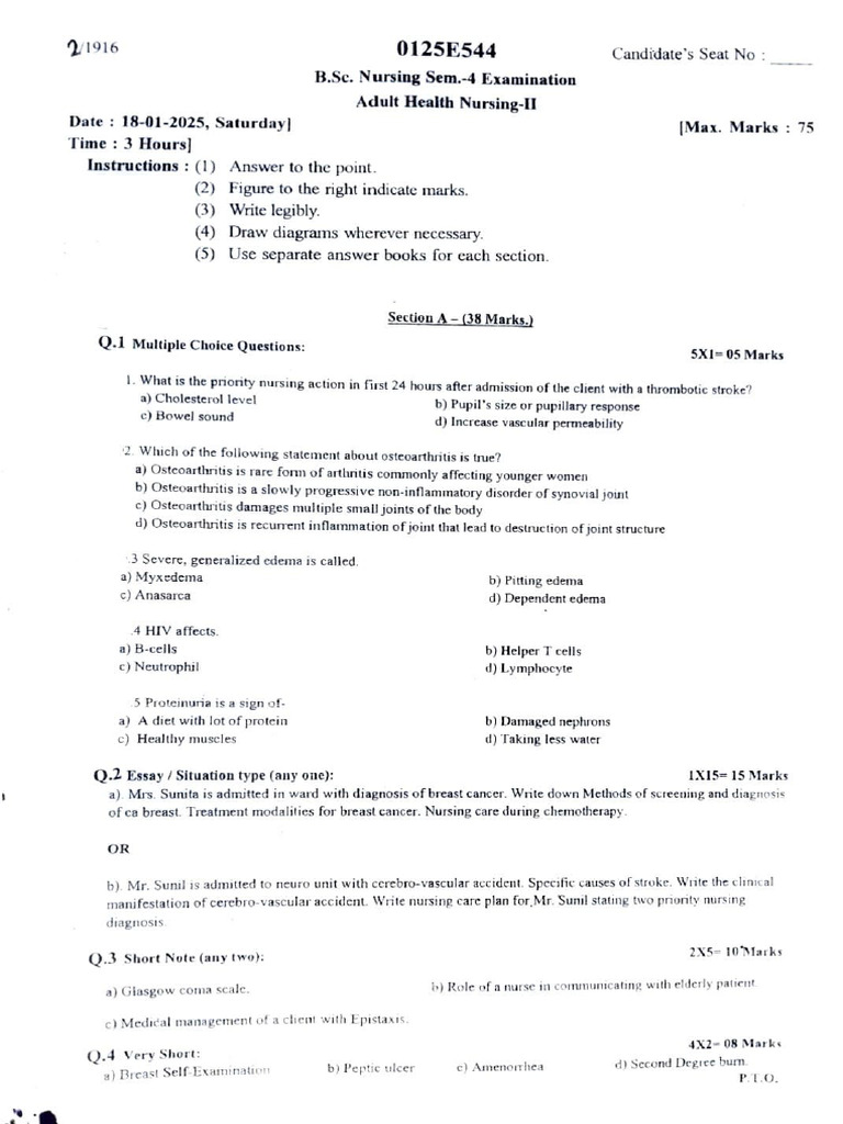 Adulth Health Nursing II Paper 1 | PDF | Physiology | Human Diseases ...