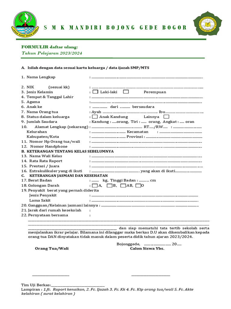 FORM daftar ulang SMK 2023 | PDF