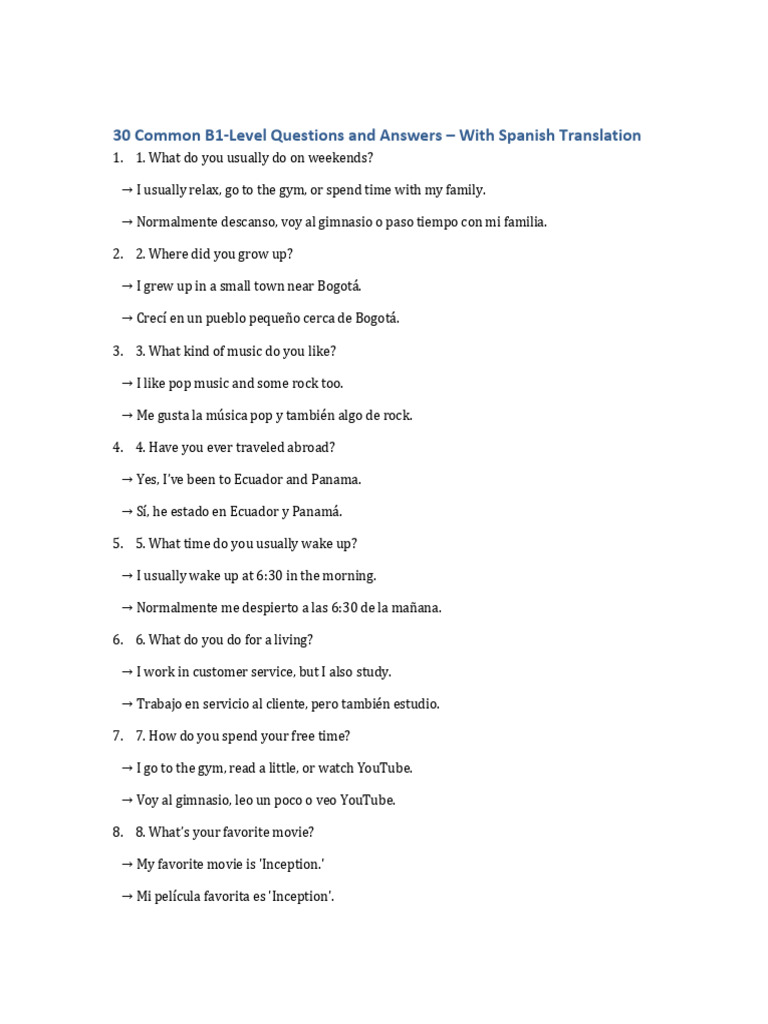 B1-Level Q&A with Spanish Translations | PDF