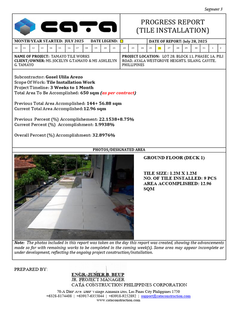 July 2025 Tile Installation Progress Report | PDF