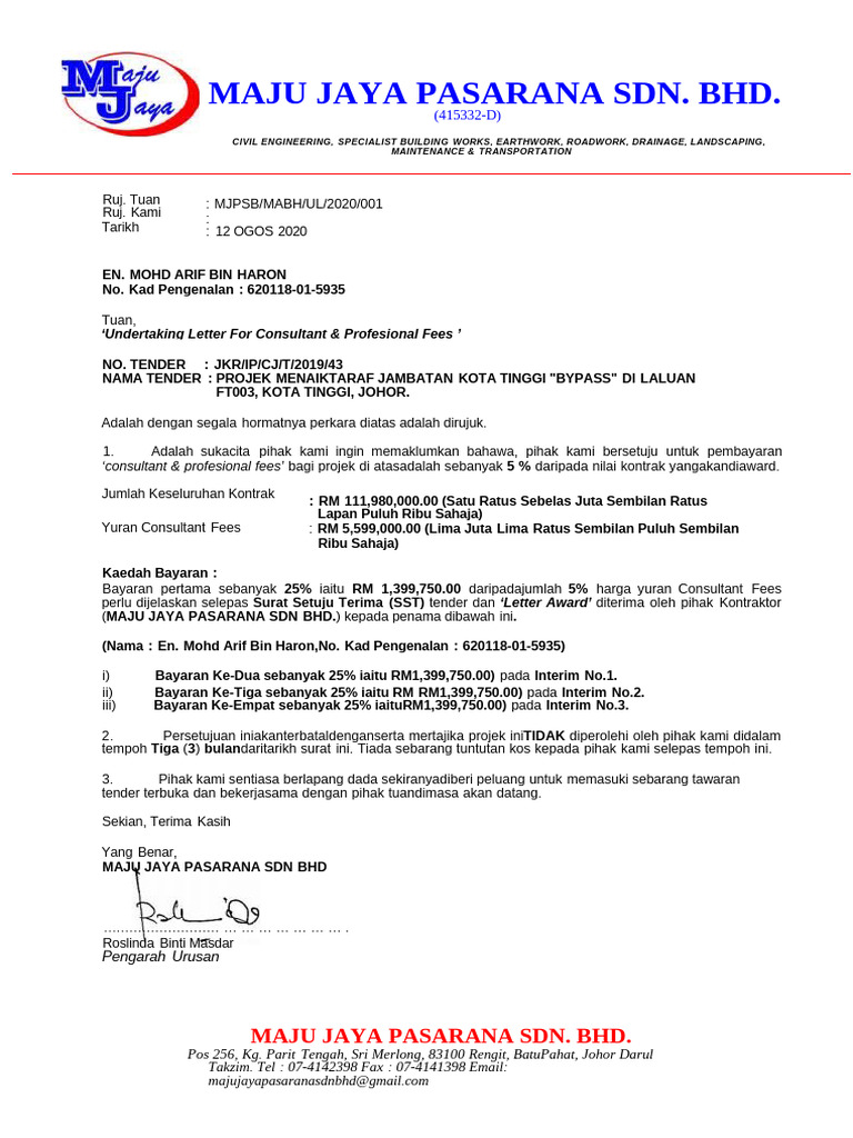SURAT MJPSB - Undertaking Letter For Consultant & Profesional Fees - En. MOHD ARIF BIN HARON 5% ...