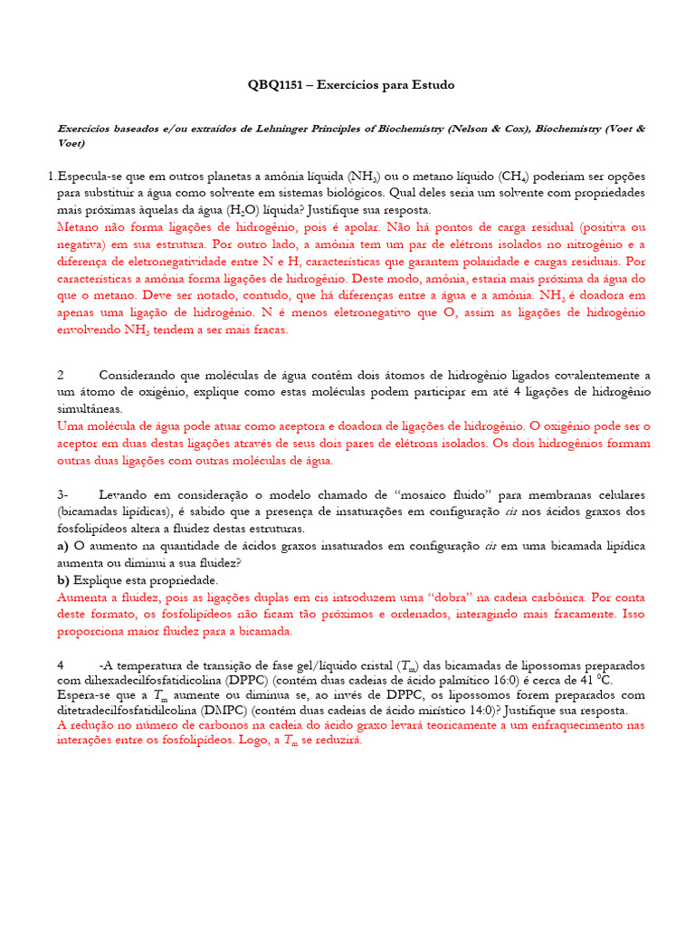 Gabarito Exercicios Estudo Coletanea | PDF | Fosfolipídeo | Proteínas
