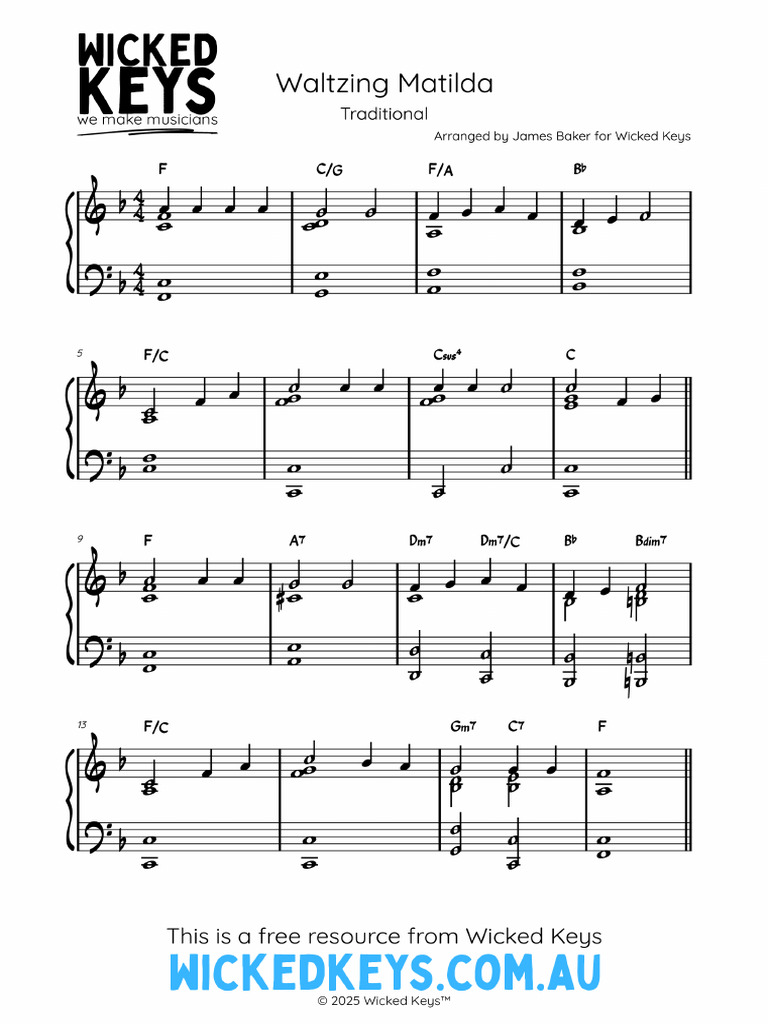 Waltzing Matilda - Early Intermediate (WICKED KEYS) | PDF