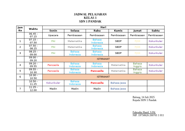 Jadwal Pelajaran Kelas 1 Pdf