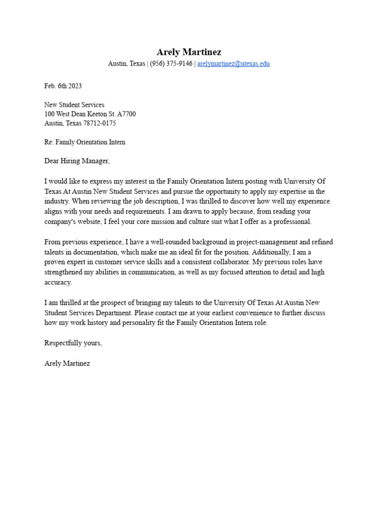 Family Orientation Cover Letter | PDF