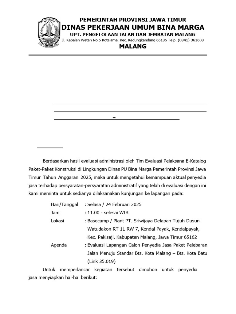 Surat Kunjungan Lapangan CV Mahendra Jaya | PDF