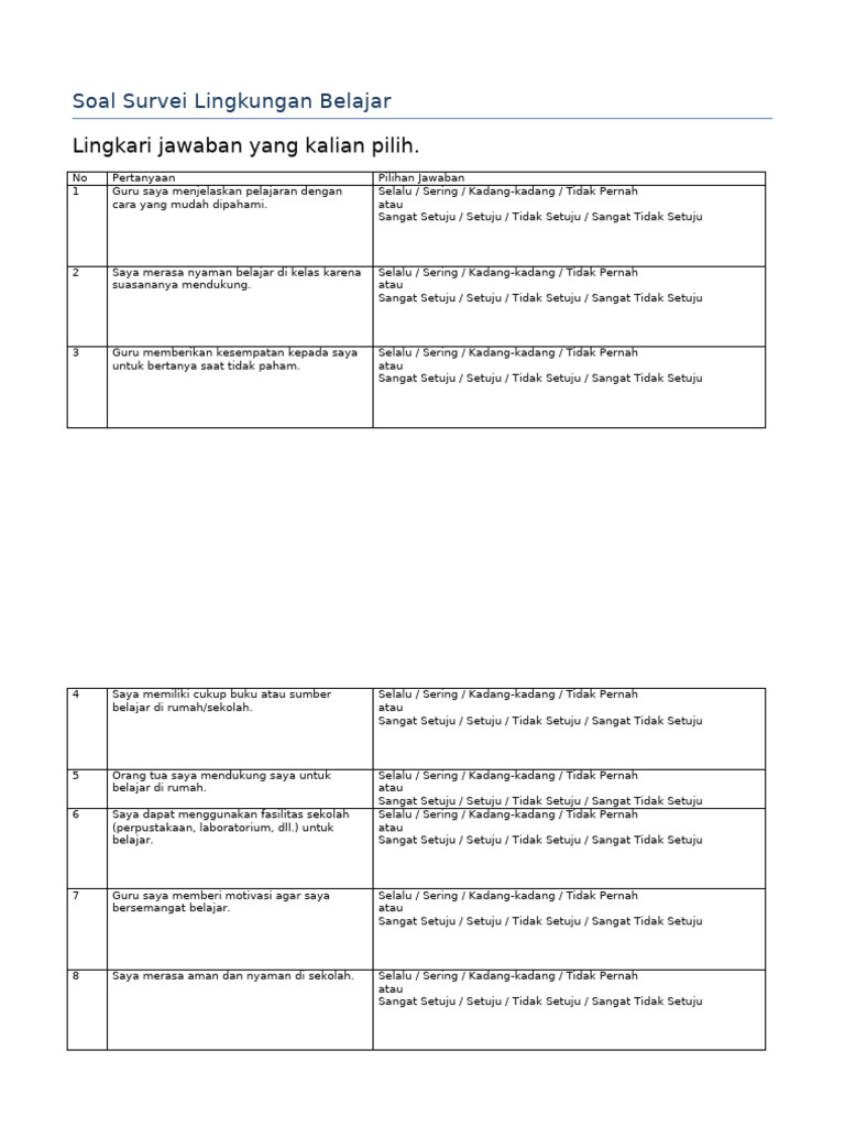Contoh Soal Survei Lingkungan Belajar | PDF