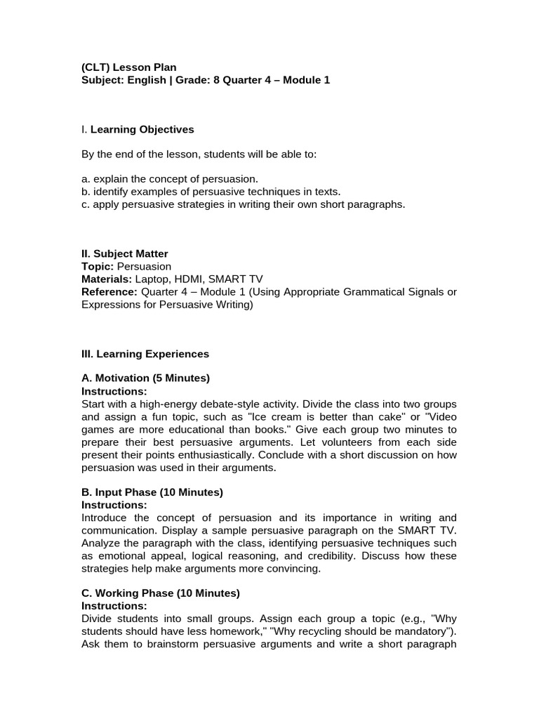 8th Grade Persuasive Writing Lesson Plan | PDF