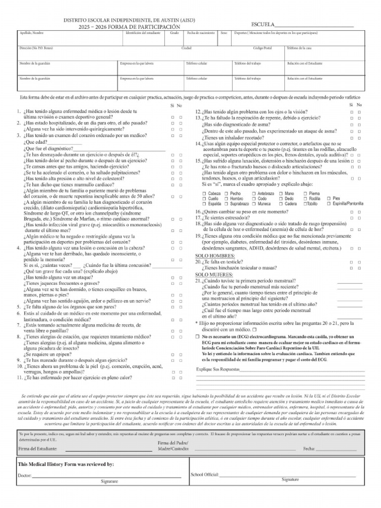 2025-2026 Physical Form Spanish 2 | PDF