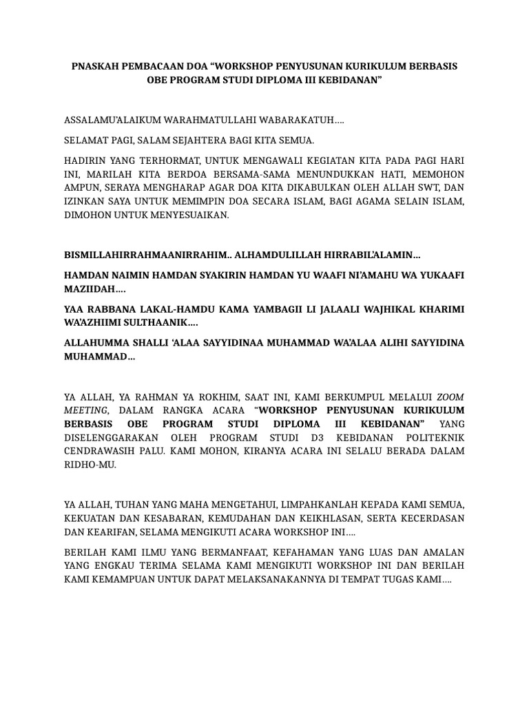 Doa Pembukaan Workshop Kurikulum OBE | PDF