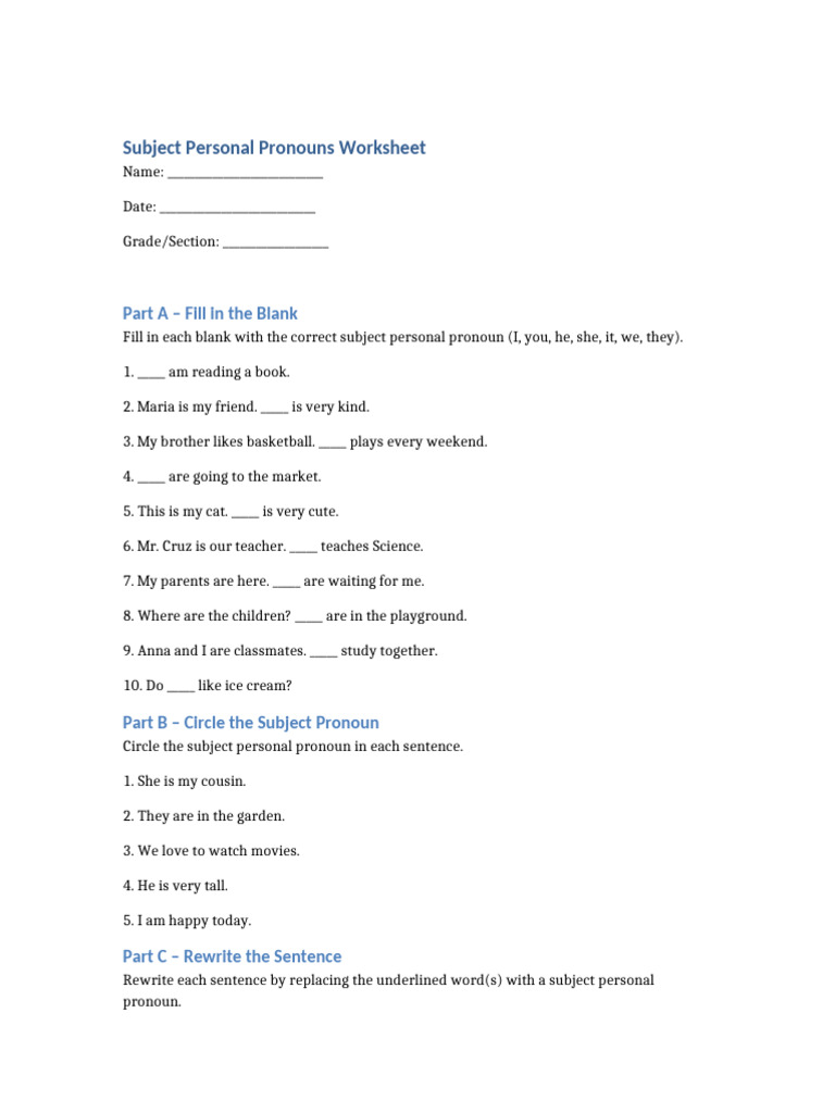 Subject Pronouns Worksheet for Class 2 | PDF