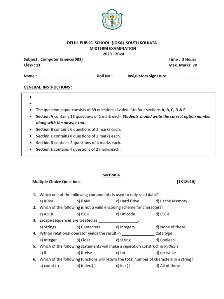 Class-Xi 2023-24 Midterm Computer Science | PDF | Numbers | String ...