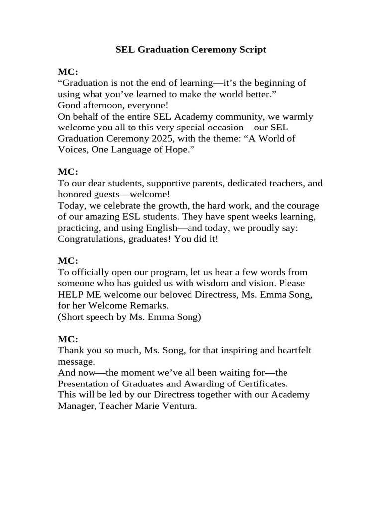 SEL Graduation Ceremony Script | PDF