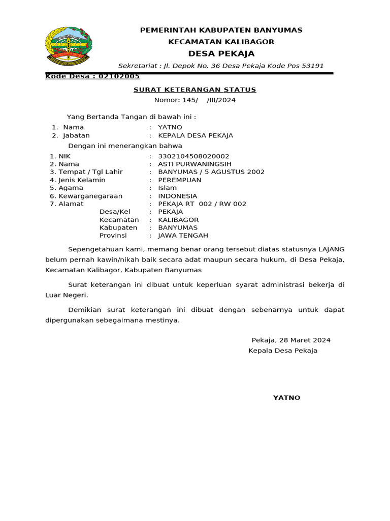 Contoh Surat Keterangan Status Janda | PDF