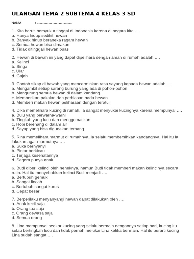 Ulangan Tema 2 Subtema 4 Kelas 3 SD | PDF