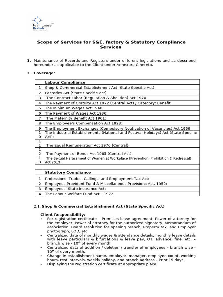 Scope of Services For S&E, Factory & Statutory Compliance Services All ...