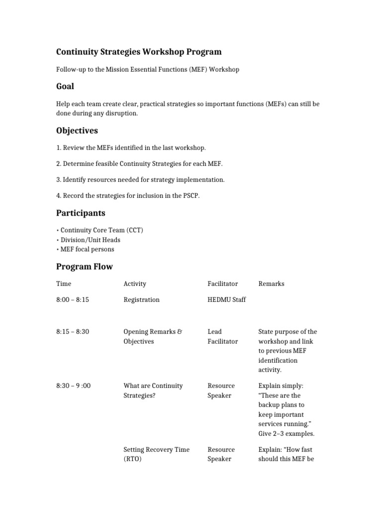 Continuity Strategies Workshop Program | PDF