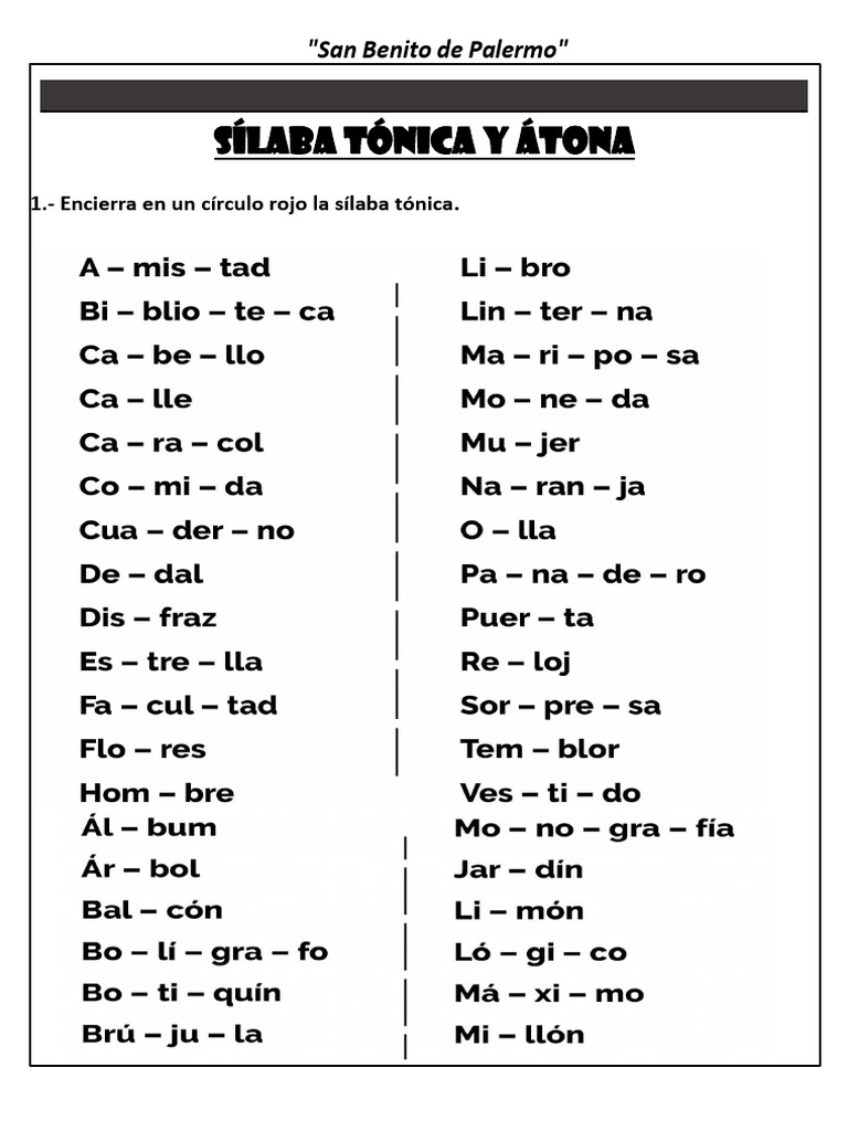 Actividades sobre sílabas tónicas y átonas | PDF