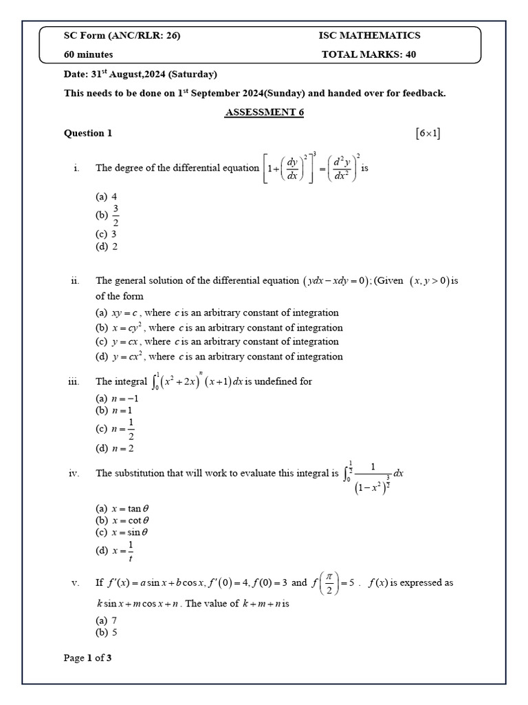 SC Form Assessment 6 2024 | PDF | Differential Calculus | Equations
