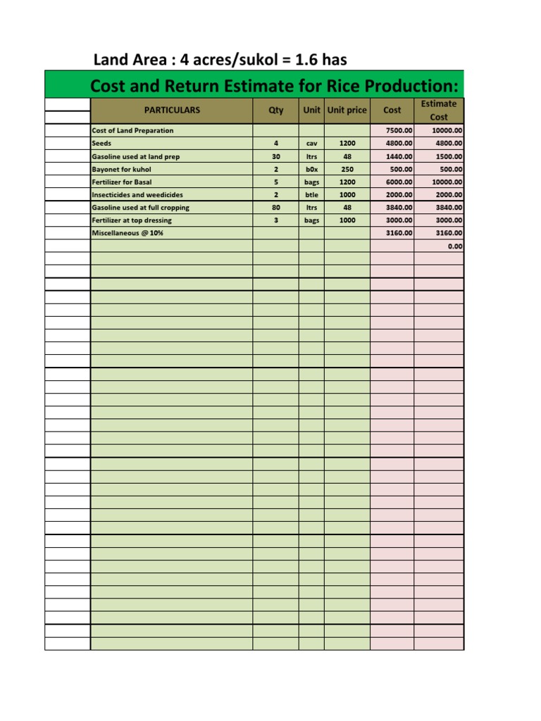Cost and Return Estimate For Rice Production | PDF | Rice | Fertilizer