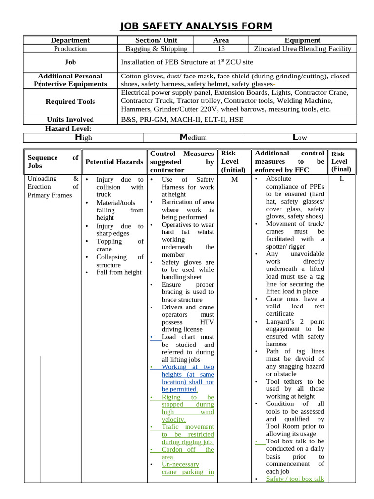 JSA - Installation of PEB Structure at 1st ZCU | PDF | Scaffolding ...